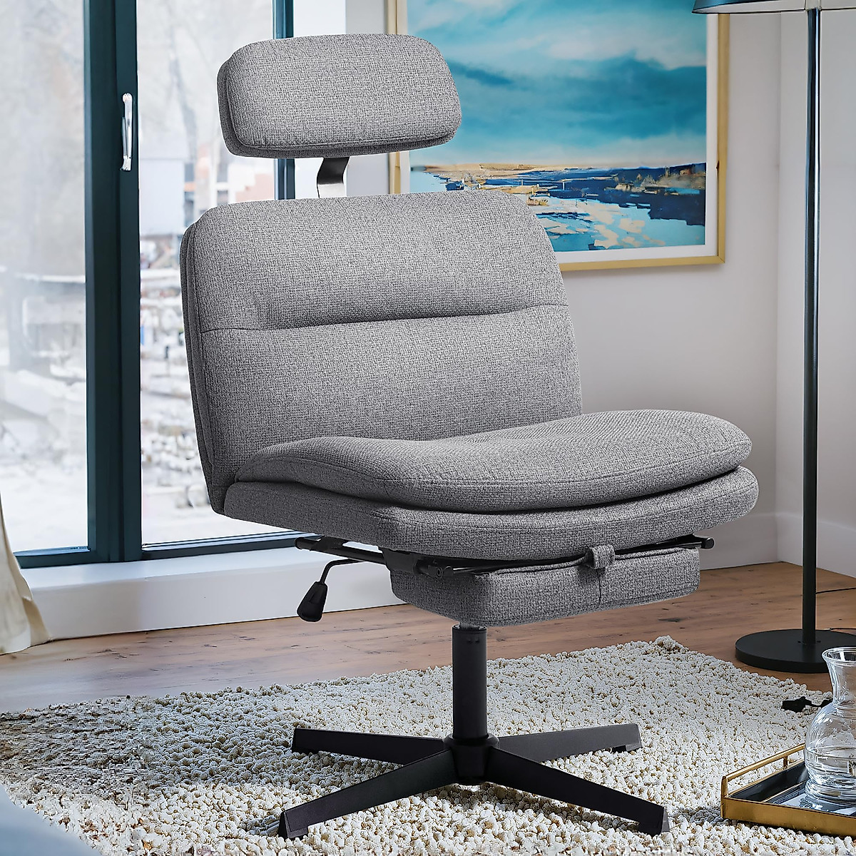 Shahoo Criss Cross Legged Chair, Armless Swivel Wide Padded Height Adjustable Fabric with Headrest&Footrest for Home Office, Grey