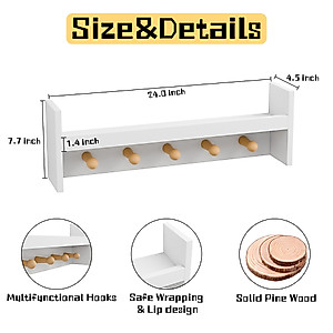 YEMNMFH Nursery Floating Shelves Set of 2 - Pine Wood Kids Shelves, Wall Shelf with Hooks, 24 Inches Floating Shelves for Wall Storage, Nursery Shelves for Kids Room, Bedroom, Entryway(White)