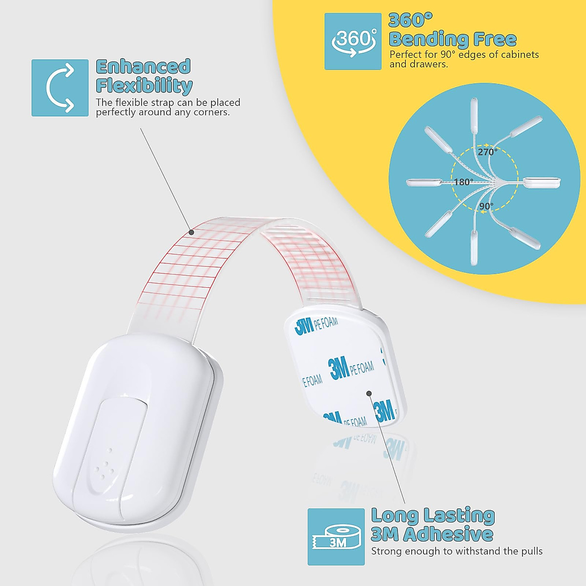 4our Kiddies 10 Pack Baby Proof Cabinet Latches, Childproof Drawer Latches with 6 Extra 3M Adhesives, Adjustable Child Safety Cabinet Strap Locks, Baby Drawer Locks for Kids and Child Safety