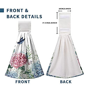 Kwlegh Pink Flowers Dish Towels with Hanging Loop Butterfly Kitchen Towels Set of 2 Summer Hydrangea Bathroom Hand Towels Soft Absorbent Tie Towels for Bathroom Kitchen 12x17 Inch