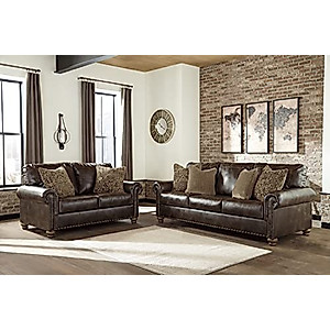 Signature Design by Ashley Nicorvo Traditional Faux Leather Sofa with Gold Nailhead Trim, Brown
