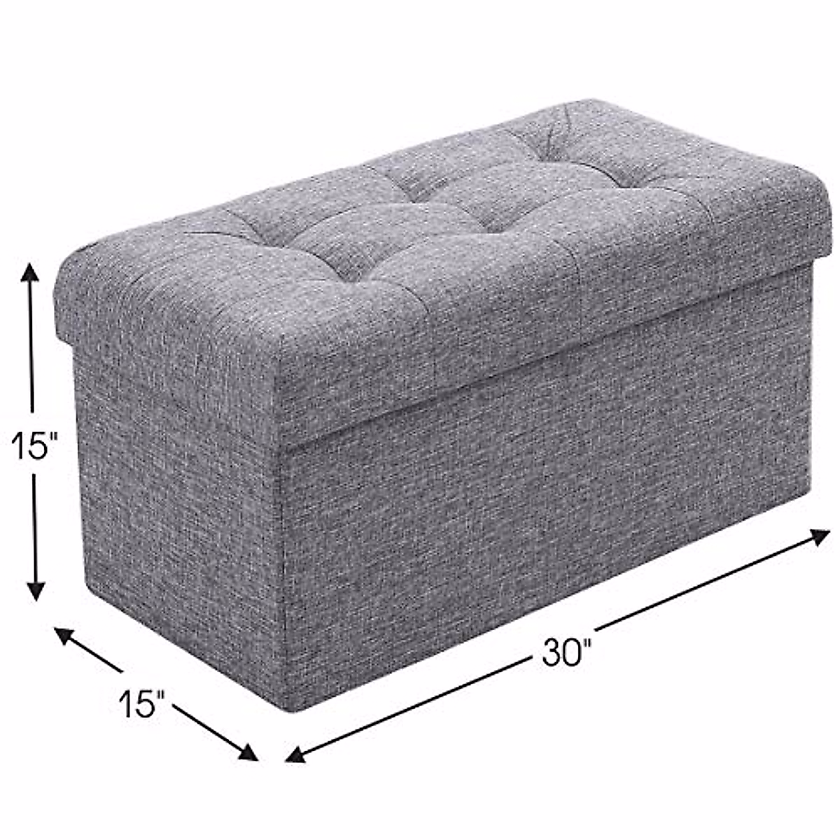 Ornavo Home Foldable Tufted Linen Large Storage Ottoman Bench Foot Rest Stool/Seat - 15" x 30" x 15" (Grey)