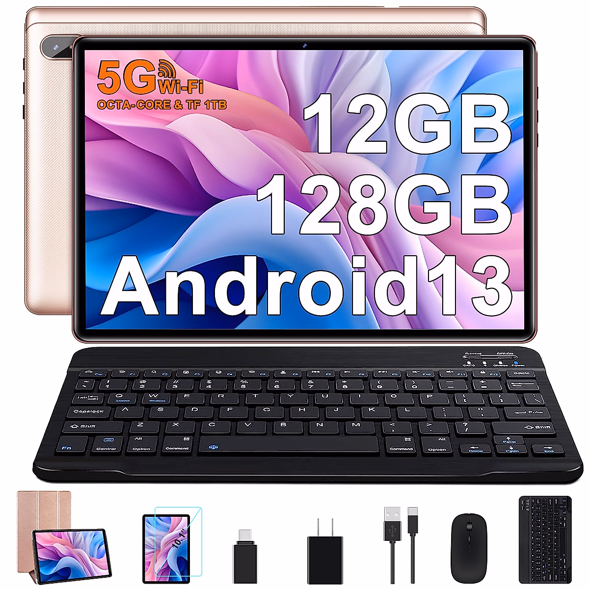 Tablet 10 inch Android 13 Tablet Octa-Core 2.0 GHz with 12GB RAM 128GB ROM, 5G WiFi, 6000mAh, HD IPS Touchscreen, Bluetooth 5.0, 1280 * 800, 5+8 MP 2 in 1 Tablet with Keyboard and Mouse - Rose