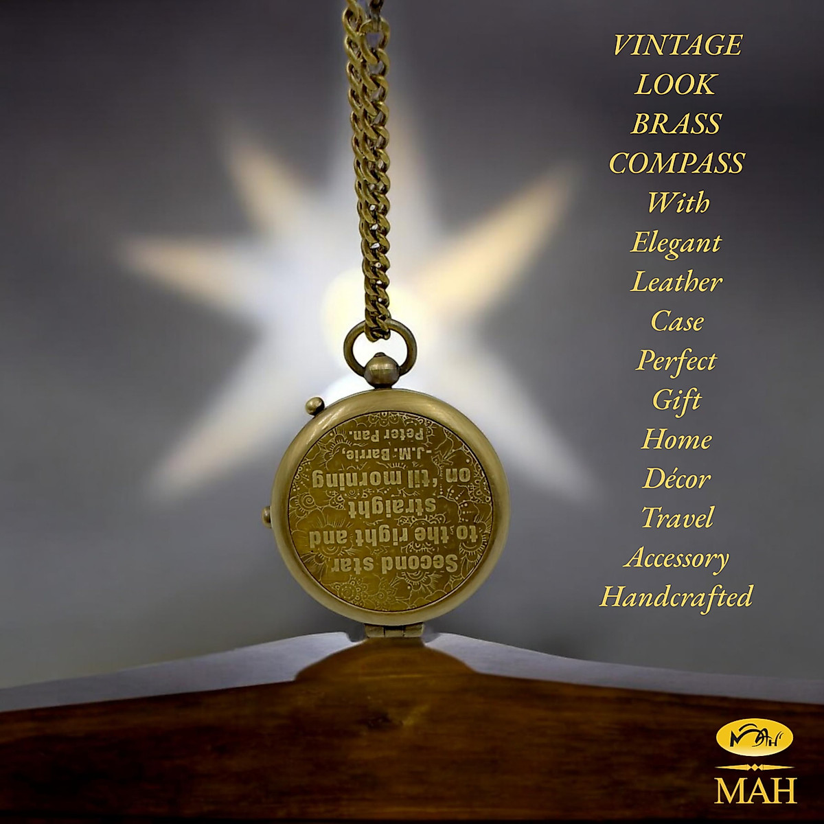 Second Star to The Right J. M. Barrie, Peter Pan Engraved Handmade Brass Compass for Birthday, Graduation Day, Confirmation Gift, Valentine Gift Parting Gift and Campion, Hiking Compass with Case