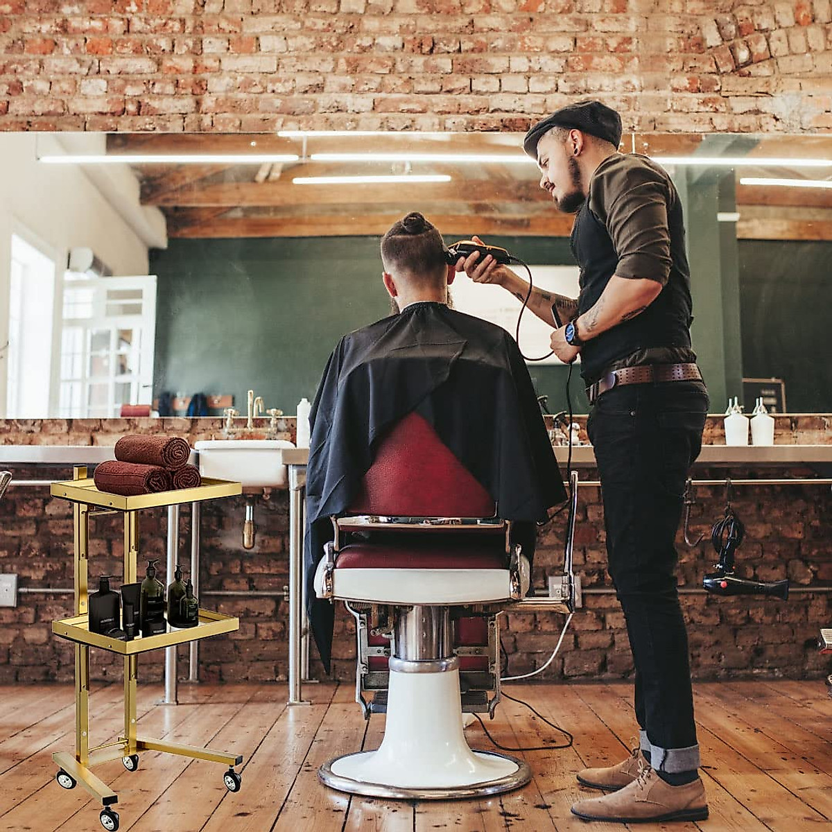 2-Tier Metal Rolling Cart, Stainless Steel Salon Storage Stand with Wheels Trolley Tray Storage Cart Kitchen Storage Trolley Utility for Bedroom Tattoo Shop (Golden)