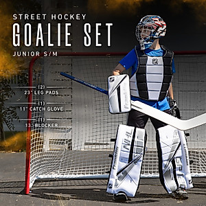 Franklin Sports NHL Kids Street Hockey Goalie Pads Set - Kids Hockey Training Equipment - Includes Block Pad, Catch Glove, and Goalie Pads,Black/White