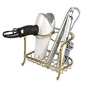 mDesign Steel Bathroom Countertop Hair Tool Storage Organizer Accessory Basket Tray, Vanity Table Holder for Hair Dryer, Flat and Curling Irons, Styling Products, Hyde Collection, Soft Brass