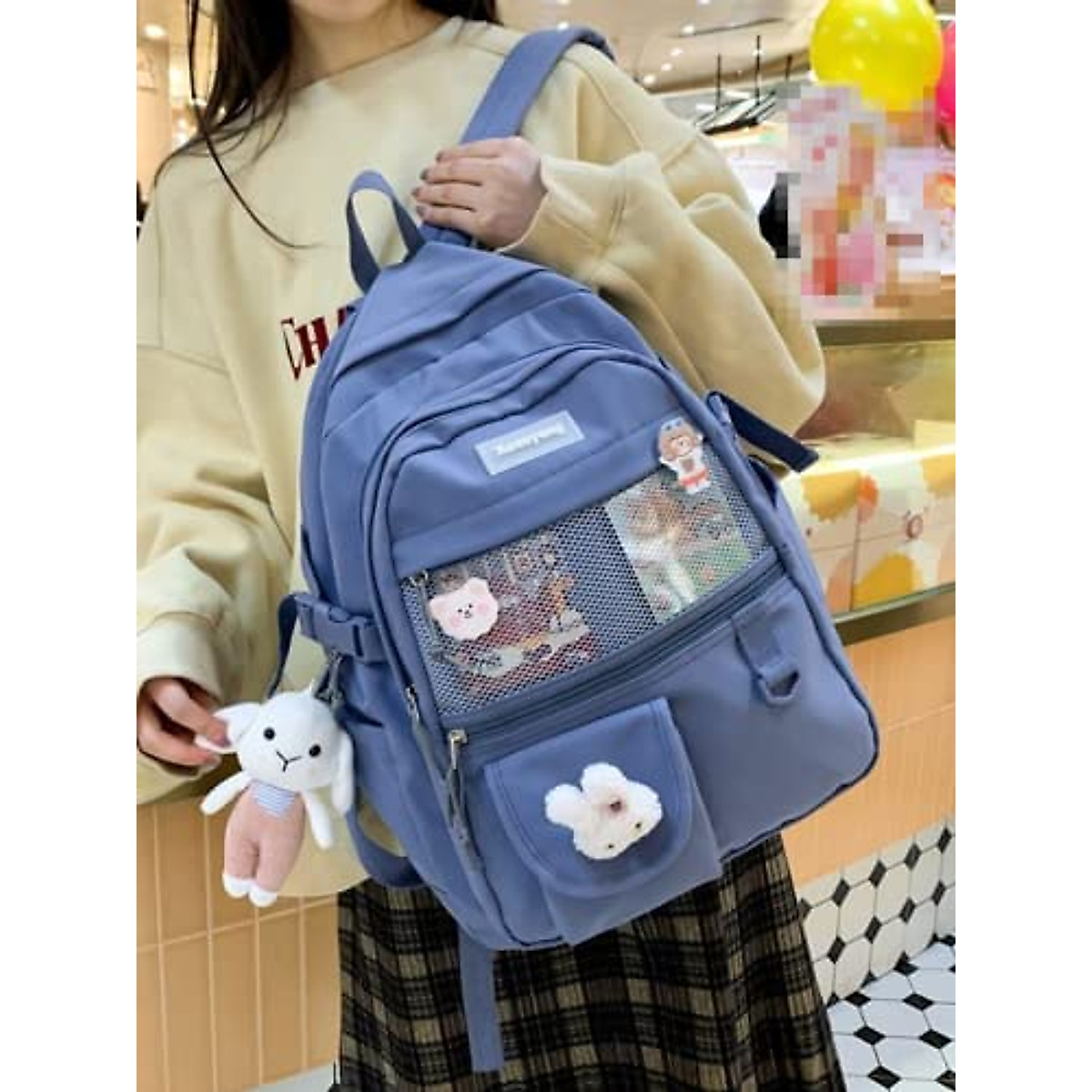 Large Backpack Women Students Carry On Backpack Hiking Backpack Outdoor Sports Rucksack Casual Daypack School Bag (Blue with rabbit)