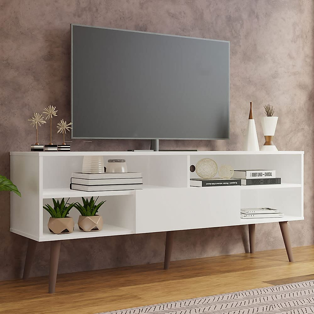 Madesa Modern TV Stand with 1 Door and 4 Shelves with Cable Management for 55, 65 Inch Media Storage Media Console Living Room and Bedroom Entertainment Center Wooden Television Cabinet - White