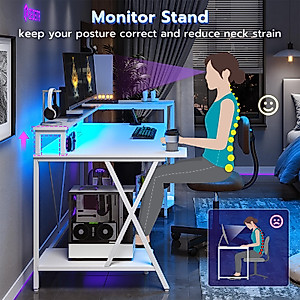 SEDETA White Gaming Desk 70.8'' with LED Lights and Storage Shelves, Computer Desk with Monitor Stand, Power Outlets and Cup Holder, Large PC Gamer Desk, Gaming Table for Bedroom, Living Room