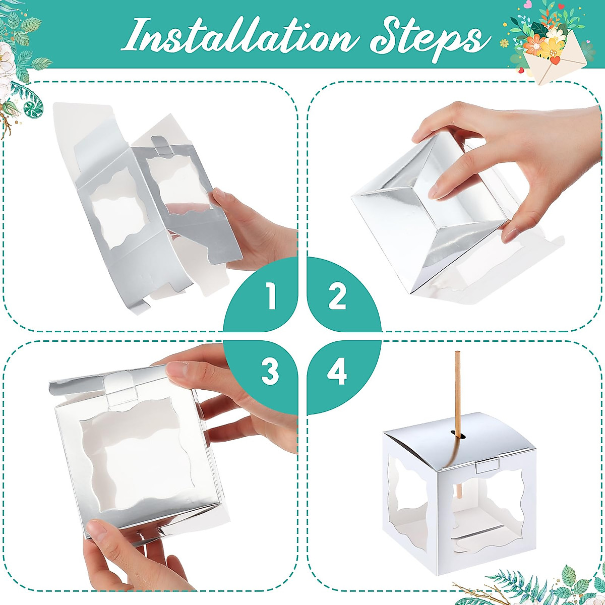 Dandat 50 Pieces 4 x 4 x 4 Inch Candy Apple Box with Hole and Stick Paper Caramel Apple Boxes Cookies Chocolate Gift Treat Boxes with Clear Windows Caramel Apple Containers for Wedding Christmas