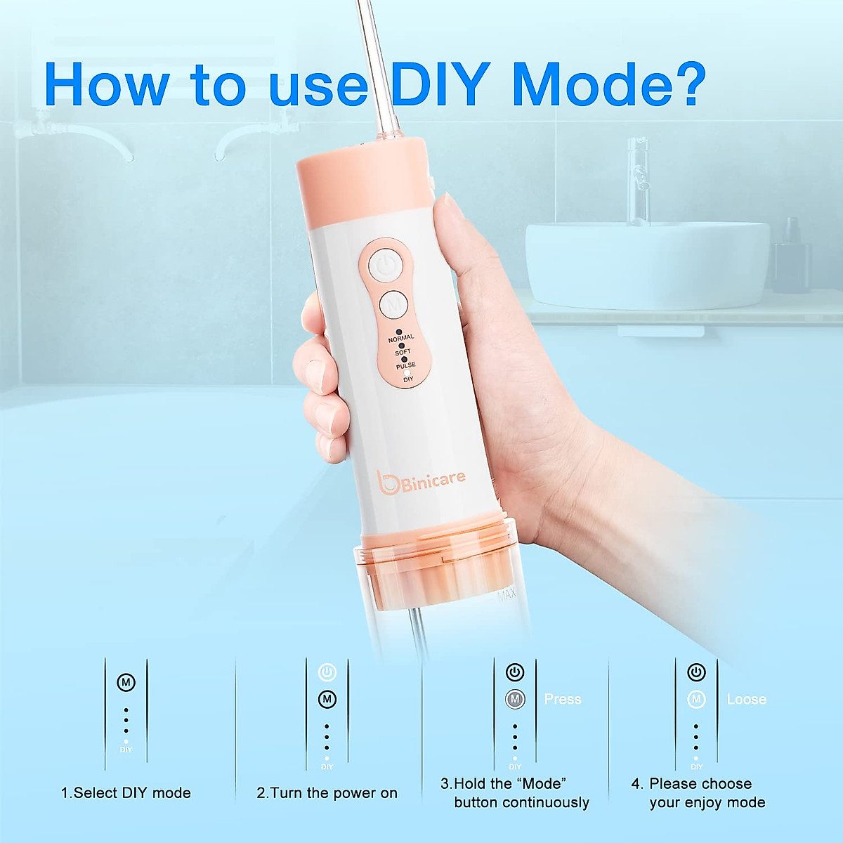 Water Flosser, Binicare Water Flosser for Teeth, IPX7 Waterproof 200 ml 6 Jet Tips &Travel Case, DIY Portable Dental Oral Irrigator Rechargeable Suitable for Travel Office and Home(Pink)