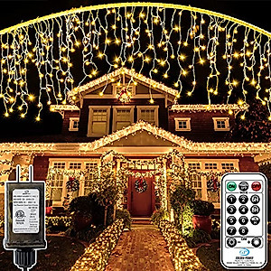 Christmas Icicle Lights Outdoor 33FT 400LED Outdoor Waterproof Holiday Decorations Lights with Remote Control, 8 Modes, Outside Christmas Lights for House, Porch, Eave, Garden Wall Decor (Warm White)