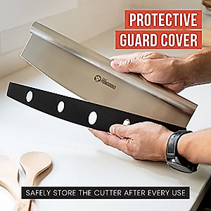 Chef Pomodoro Pizza Cutter Rocker Knife with Protective Cover, Multipurpose 14 Inch Mezzaluna Chopper with Super Sharp Stainless Steel Blade, Blade Cover, Premium Pizza Accessories Dishwasher Safe