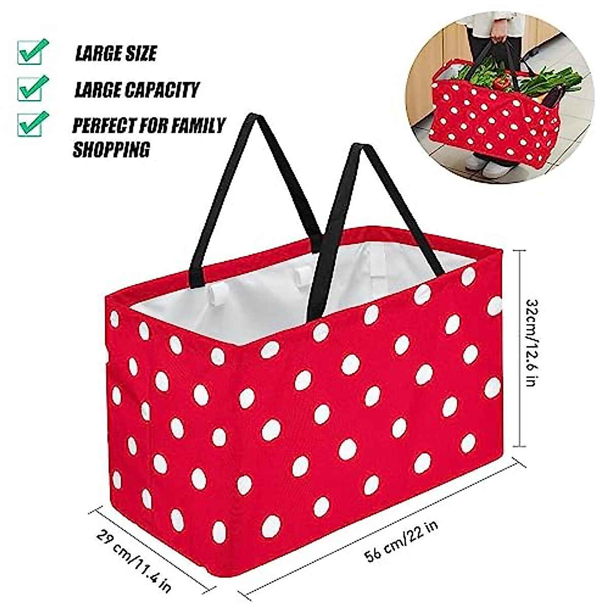 KQNZT Reusable Grocery Bags, Large Foldable Reusable Shopping Tote Bags Bulk for Groceries, Waterproof Kitchen Cloth Produce Bags with Long Handles, Pink White Wave Dot Fashion