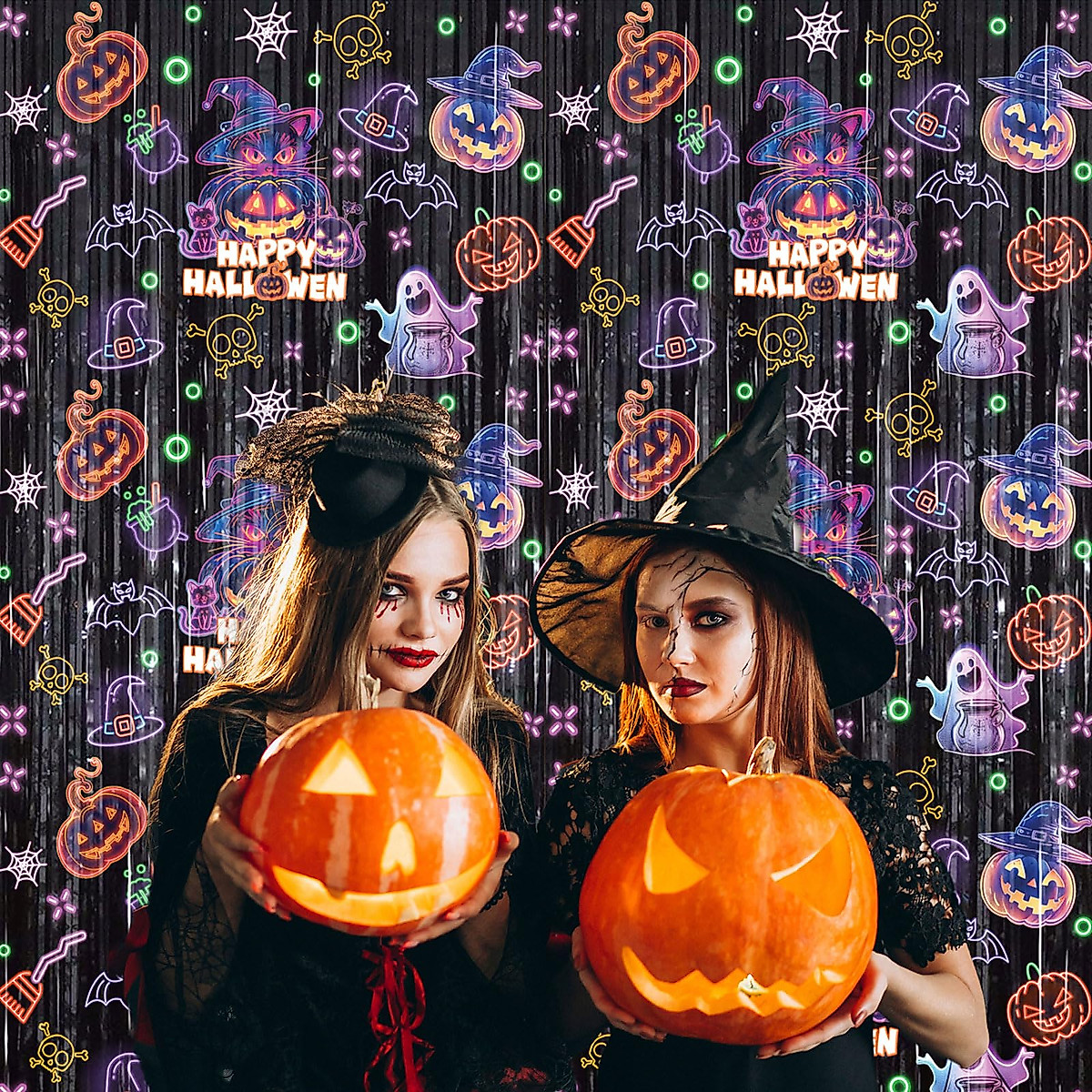 HOWAF 2 Packs Neon Halloween Ghost Fluorescence Foil Fringe Curtains Decoration 3.2 * 6.5ft Halloween Horror Night Glow UV Neon Pumpkin Bats Foil Fringe Photo Booth Backdrop Streamer Tinsel Curtains