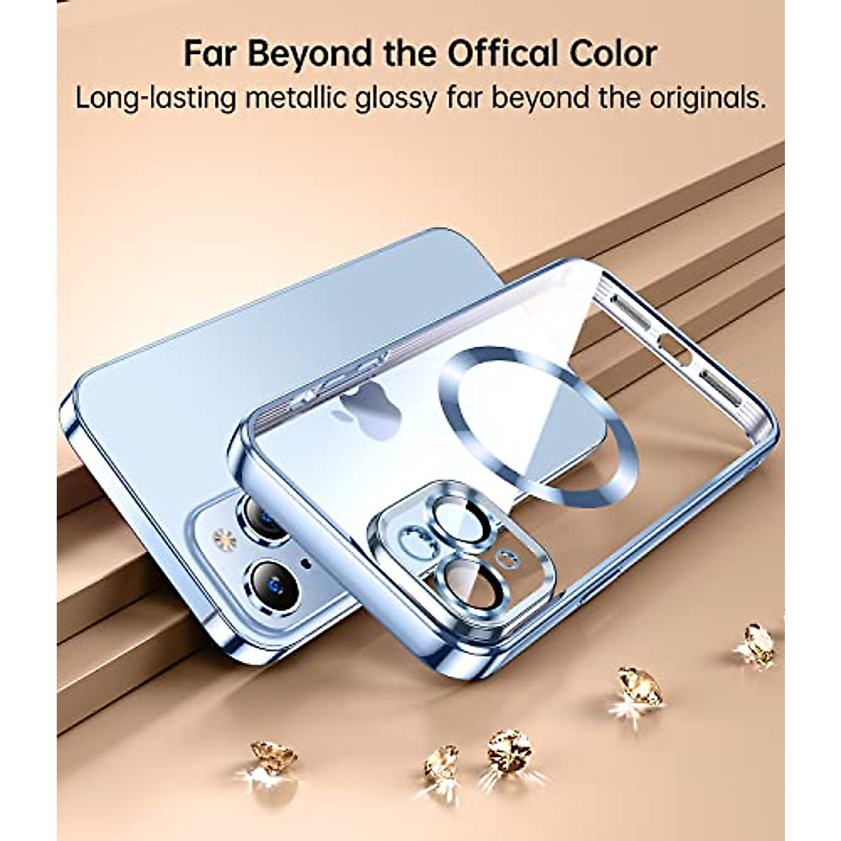 JUESHITUO Magnetic Metallic Glossy Clear for iPhone 14 Plus Case with Full Camera Cover Protection [No.1 Strong N52 Magnets] [Military Grade Drop Protection] for Women Girls Phone Case (6.7")-Blue