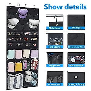 homyfort Door Hat Rack Shoe Organizer for Baseball Caps, Hanging Jewelry Storage Holders with 28 Pockets Multifunctional For Socks,Underwear,Jewelry,Shoes,Hat,Cap (Black)