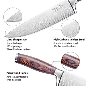 PICKWILL Kitchen Knife Set, 3-Piece Chef Knife Set, Sharp Knives Set with Wooden Handle, High Carbon Stainless Steel Professional Kitchen Knives, Elegant Gift Box for Home or Restaurant