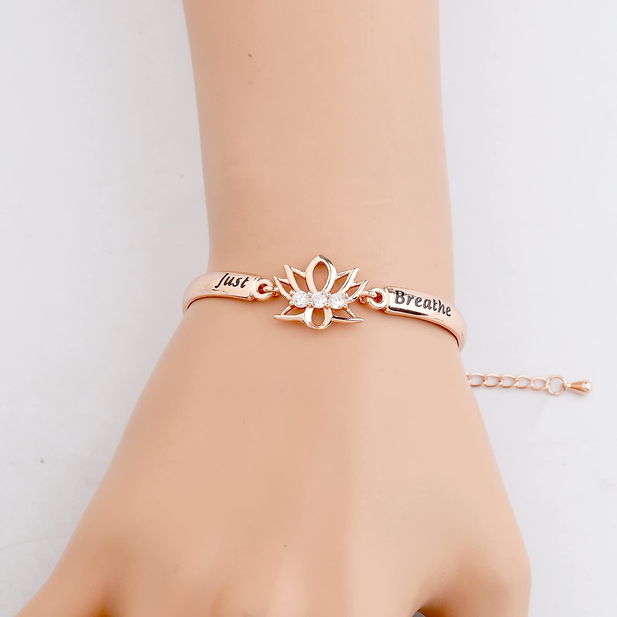 WUSUANED Spiritual Lotus Flower Bracelet With Message Card Just Breathe Jewelry Yoga Healing Inspirational Gift For Women (Just breathe bracelet card rose gold)