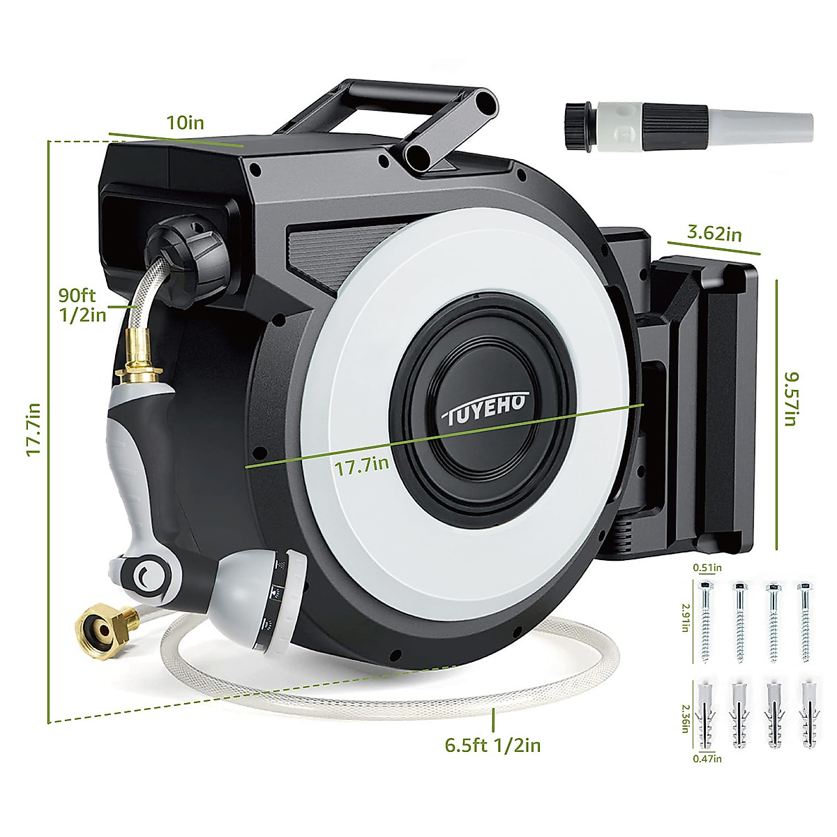 Tuyeho Retractable Garden Hose Reel 90 FT, Wall Mount Heavy Duty Water Hose Reels with Automatic Slow Rewind System, Outdoor Hoses Reel with 2 Hose Nozzles for Garden Watering, Car Wash, Pet Shower