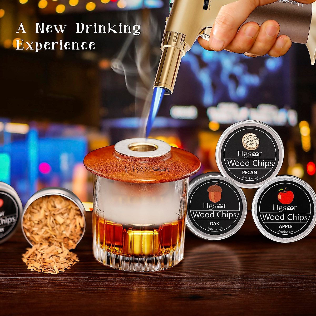 Hgsoor Whiskey Smoker Kit - Old Fashioned Drink Smoker Kit - Cocktail Smoker Kit with Torch, 4 Flavors Wood Chips, 4Ice Cubes, Bourbon Smoker Kit, Bourbon Whiskey Gifts for Men,Dad (No Butane)