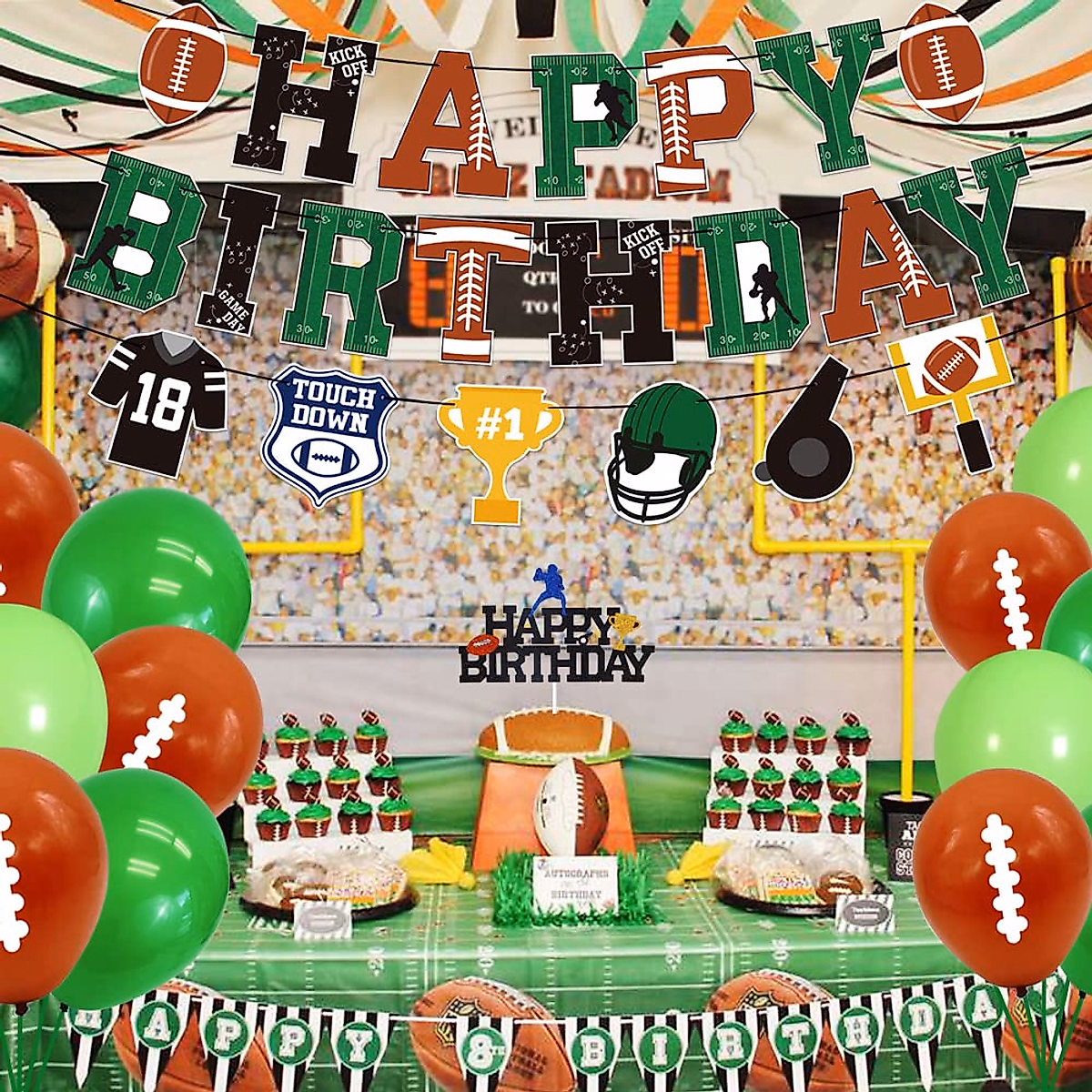 Football Birthday Party Decorations Pack for Football Touchdown Sports Theme Birthday Party Decoration - Includes Happy Birthday Banners, Cake Topper and Balloons