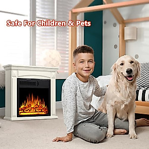 R.W.FLAME 27” Electric Fireplace Mantel Wooden Surround Firebox, TV Stand with Freestanding Electric Fireplace, Remote Control, Adjustable Led Flame, 750W/1500w Off White