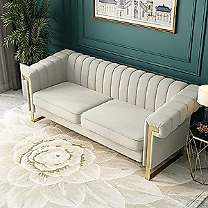 Chesterfield Sofa with Tufted Velvet Upholstered,Modern Velvet Couch with Flared Arms and Removable Cushions,83.85 Inch Width Living Room Furniture,Solid Wood Frame and Gold Legs(Beige)