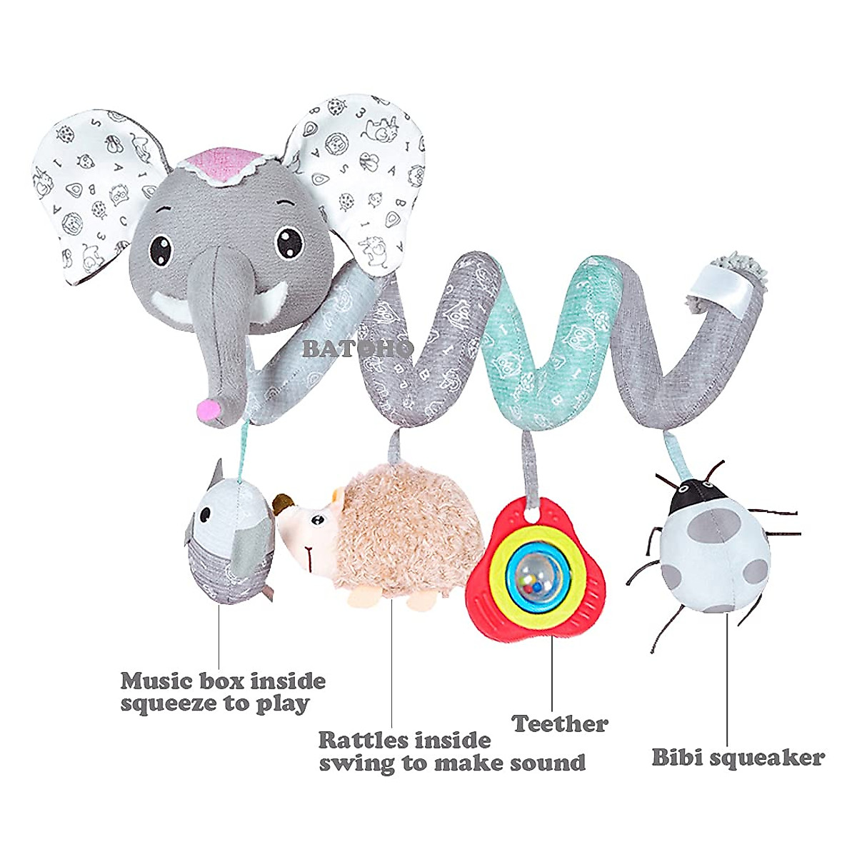Baby Car Seat Toys, Hanging Stroller Toys for Baby 0-6 Months Infants Activity Spiral Toys with Musical Owl Rattles Hedgehog Beep Ladybug Squeaker - Gray Elephant Toys for Newborn Baby 0 3 6 12 Months