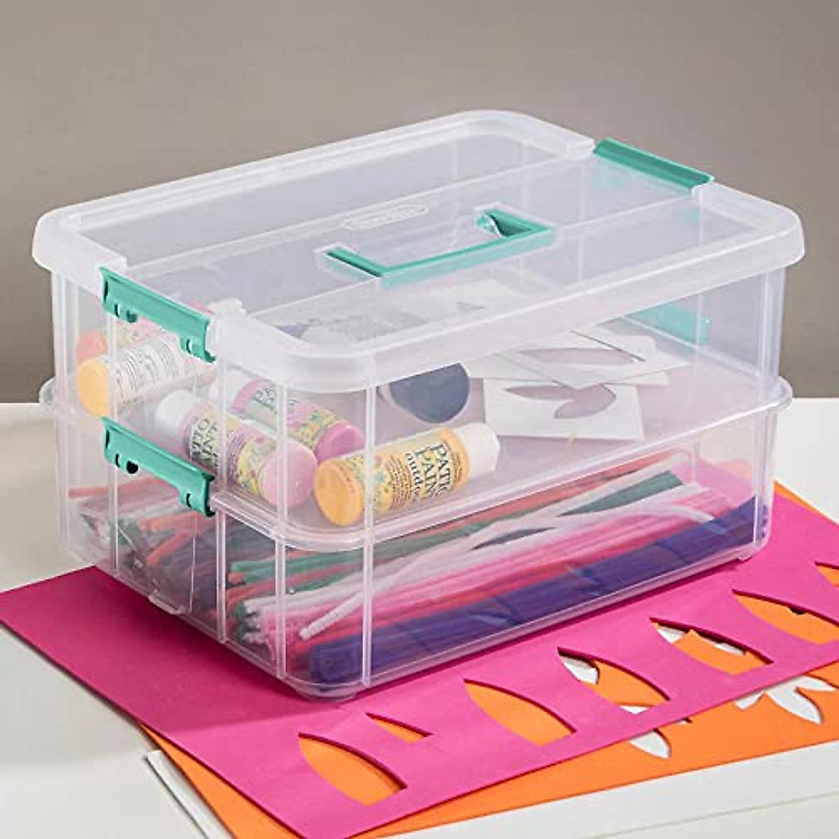Sterilite Stack and Carry 2 Layer Handle Box, Stackable Plastic Small Storage Container with Latching Lid, Bin to Organize Crafts, Clear, 8-Pack