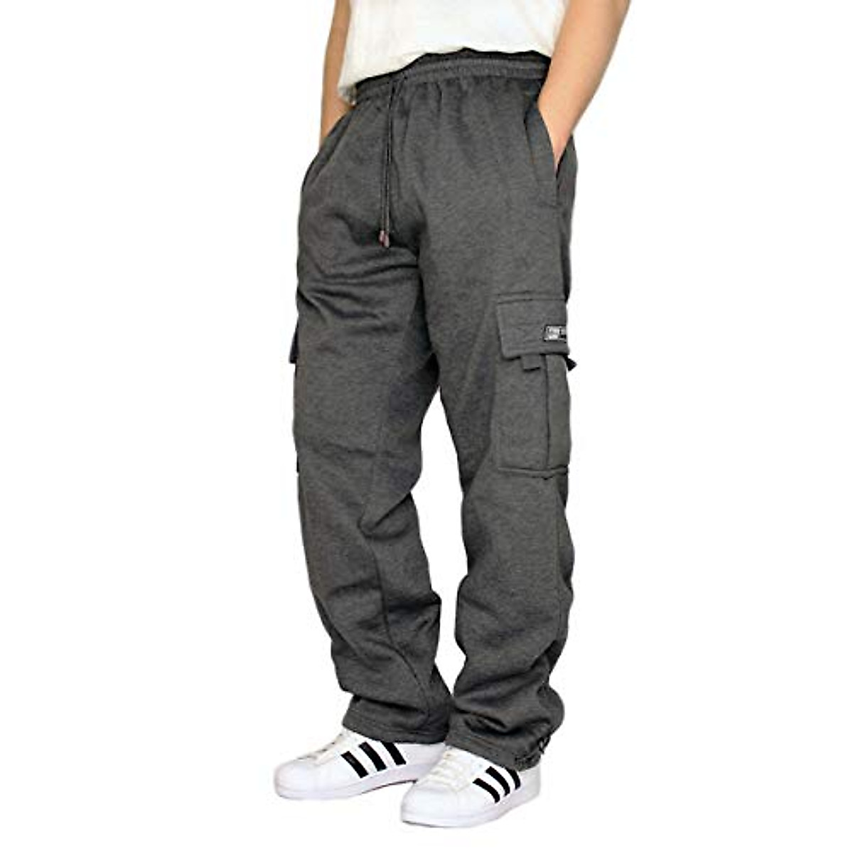 DREAM USA Men's Heavyweight Fleece Cargo Sweatpants, Charcoal, 5X-Large