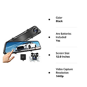 2.5K 12 inches UHD Mirror Dash Cam Front and Rear Camera, GPS Rearview Mirror Camera for Cars & Trucks with IPS Touch Screen, Enhanced Night Vision, Waterproof Backup Camera, Emergency Lock, black