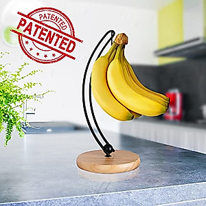 Signice Banana Holder Stand - Newest Patented Modern Banana Tree Hanger with Wood Base Stainless Steel Banana Rack for Home Kitchen Use,Doesn't Tip Over (Black)