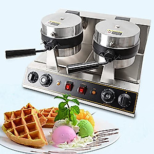 Commercial Dual-Head Rotating Non-Stick Round Belgian Waffle Maker - 1500W 7 Inch Stainless Steel Waffle Iron Machine for Restaurant or Bakery - Temperature and Time Control, 110V