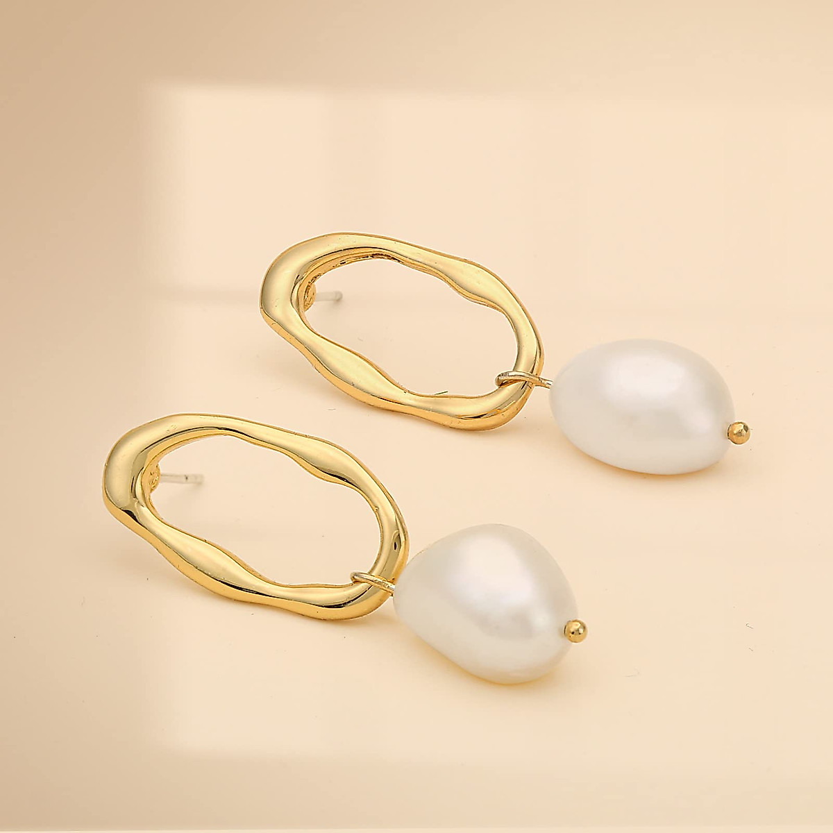 SPECCI 18K Gold Plated Pearl Dangle Earrings, Baroque Pearl Drop Earrings, Trendy Pearl Dangle Hoop Earrings for Women Girls