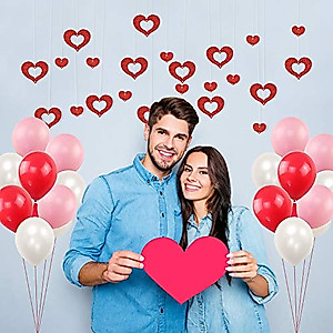 100PCS Valentines Day Red Pink White Balloons Hanging Swirls Kit, 12in Balloon Valentine's Day Wedding Bling Heart Ceiling Hanging Streamers for Sweetheart Wedding Bridal Shower Anniversary Engagement