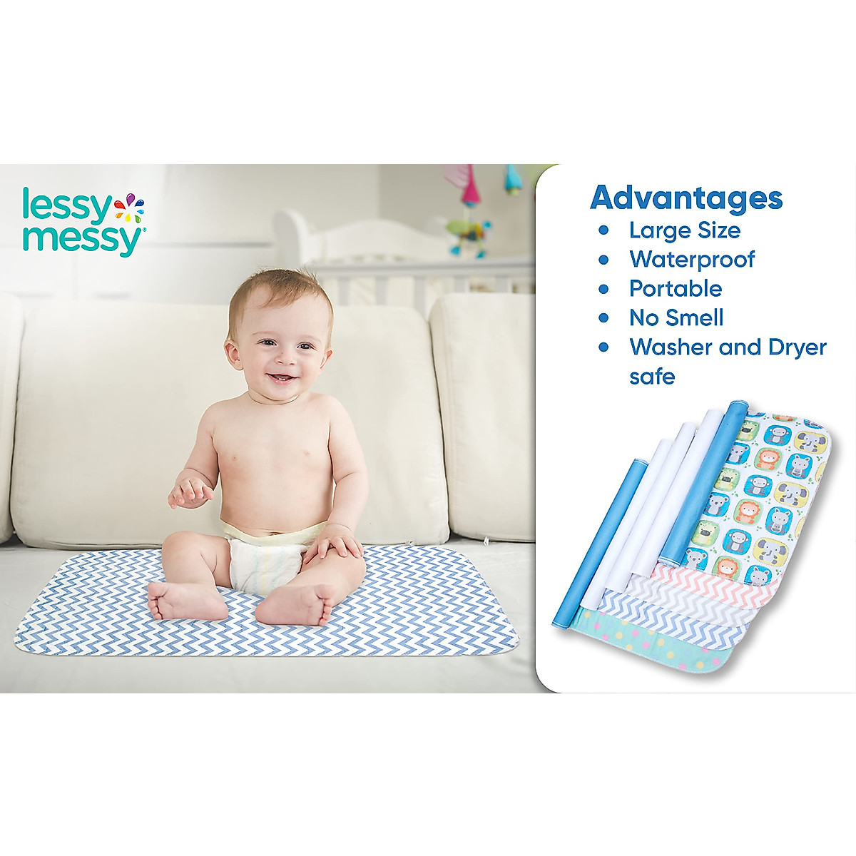 Portable Diaper Changing Mat - Extra Large Waterproof Baby Changing Pad | Machine Washable & Dryer Safe | Wipeable Surface for Easy Cleaning | Stylish Blue Chevron Design