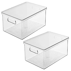 mDesign Plastic Storage Bin Box Container, Lid, Built-in Handles, Organization for Makeup, Hair Styling Tools, Accessories in Bathroom Cabinet, Cupboard Shelves, Ligne Collection, 2 Pack, Clear/Clear