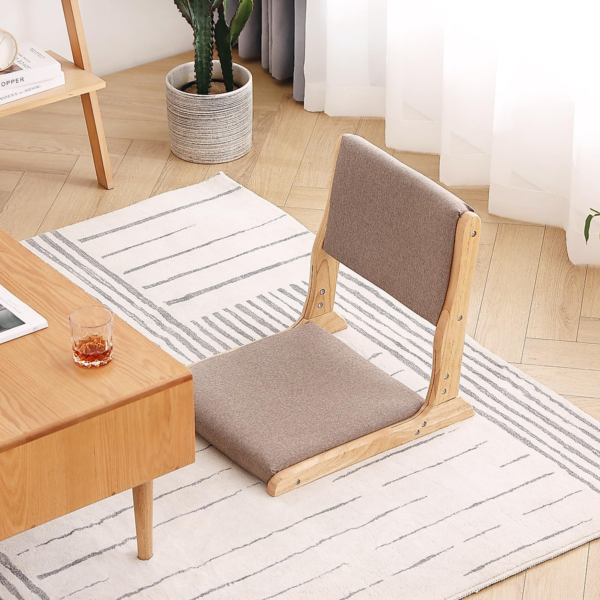 Tatami Chair Accent Furniture, Foldable Meditation Floor Chair, Folding Floor Chairs Seat, Portable Japanese Legless Chair, Back Rest Chair with Cushion, Wood Grey