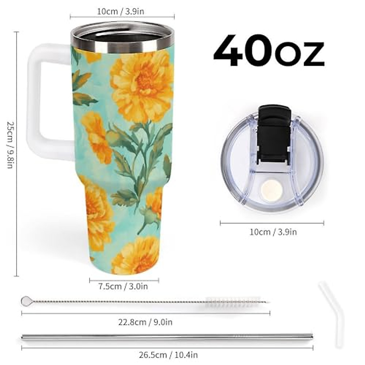 Yellow Flowers Marigolds Insulated Tumblers with Handle Stainless Steel Coffee Mug Funny Travel Cup with Lid Straw 40oz