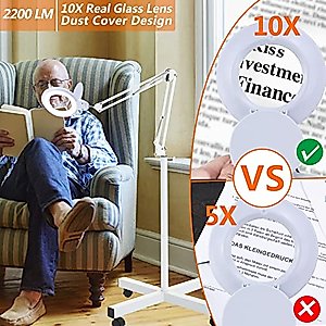 (New Upgrade) 10X Magnifying Floor Lamp with Clamp and 4 Wheel Rolling Base,HITTI 2200 LM LED 3 Color Dimmable Magnifying Glass with Light, Adjustable Arm Lighted Magnifier for Close Work, Esthetican