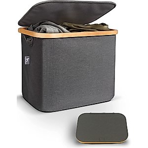 Lonbet - Small Laundry Hamper With Lid Cover - Bamboo Laundry Basket Organizer - Lightweight Collapsible Clothes Fabric Bin - Easy and Efficient Sorting - Removable Bags - 13.2 Gal (1-2 Loads) - Beige