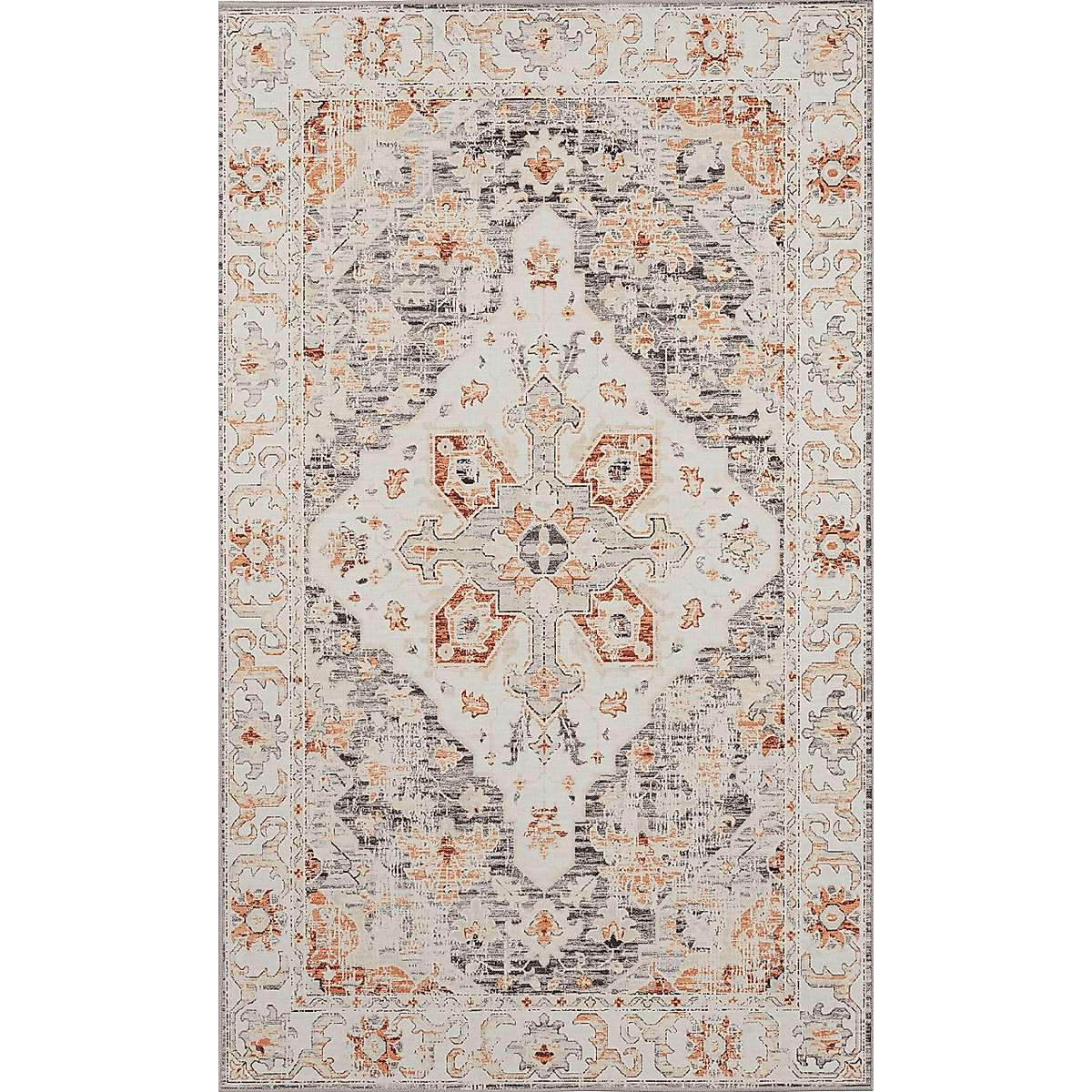 Auemtyn Area Rug, 3x5 Washable Rug for Living Room, Rug with Non-Slip Backing, Stain Resistant Vintage Medallion Rug for Bedroom, Non-Shedding Distressed Rug (3'x5', Beige)