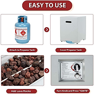 ECOTOUGE 2-Piece 56" Outdoor Rectangle Propane Fire Pit Table with Tank Holder, 50,000 BTU Concrete Fire Table with Weather-Resistant Pit Cover, Auto-Ignition, Free Lava Rocks, Fits 20lb Tank, White