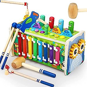 WEELIKEE 8-in-1 Wooden Hammering Pounding Toys for 1 2 3 4 Year Old Boys and Girls, Wooden Montessori Toys for Babies, Whack a Mole Game with Xylophone and Fishing Game Toddler Activities Gift