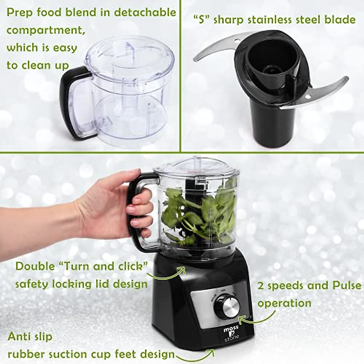 Moss & Stone 3 Cup Mini Food Processor, Strong Vegetable Chopper for Dicing, Chopping, Mincing, & Puree 350 Watts Mini Chopper With 2 Speeds, Perfect Baby Food Processor (Black)