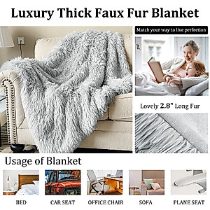 JONIYEAR Decorative 2.8" Long Hair Soft Fuzzy Faux Fur Throw Blanket 50" x 60",Luxury Reversible Fluffy Blankets for Couch Sofa Chair,Lightweight Accent Cozy Plush Thick Warm Shaggy Furry Blanket,Grey