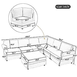 EMKK Sectional Couch L Shaped Sofa 6 Seat Sofa with Chaise，Removable Ottoman,Upholstered Modular Convertible Reversible Sofá,Living Room Furniture Sets for Large Space,Apartments