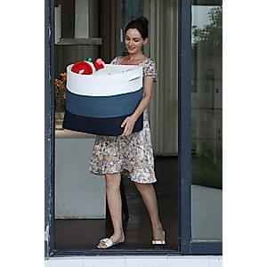 22"x14"x18" Mega Size Rectangular Extra Large Storage Basket, Rectangular Cotton Rope Storage Baskets, Woven Laundry Hamper, Cloth Storage Bin, for Clothes Blanket in Living Room, Dark Blue/Deep Blue